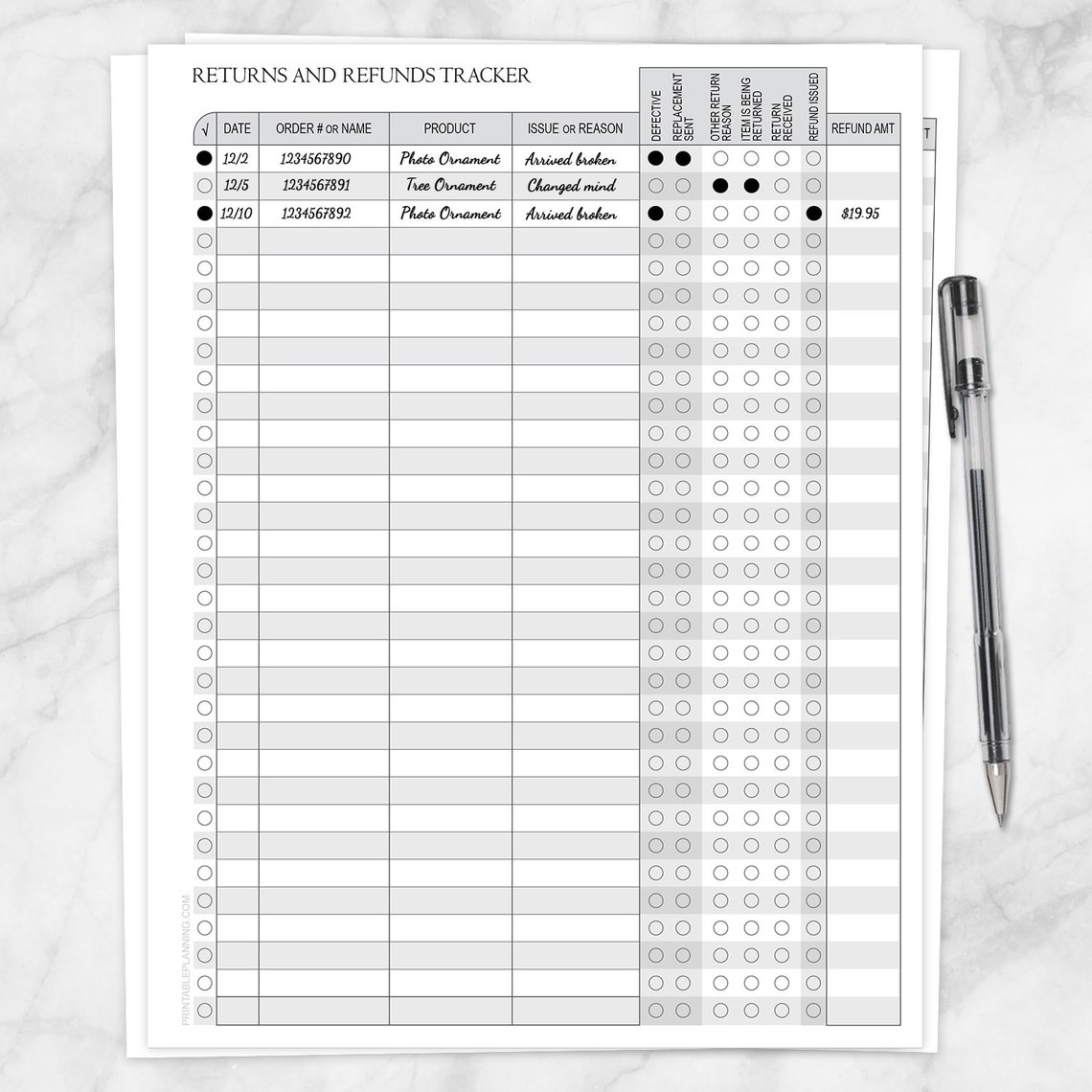 Printable Returns Refunds Tracker Page, Small Business, Status Columns ...