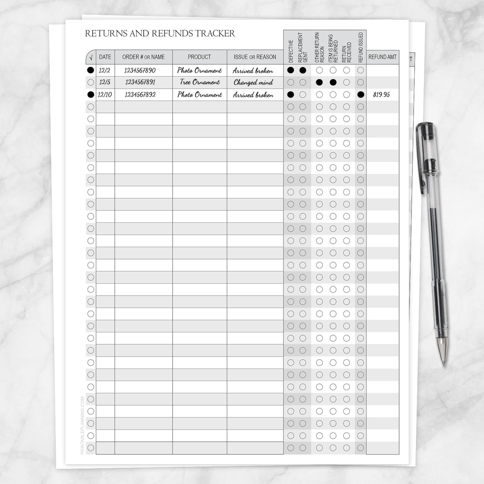 Printable Returns Refunds Tracker Page, Small Business, Status Columns ...