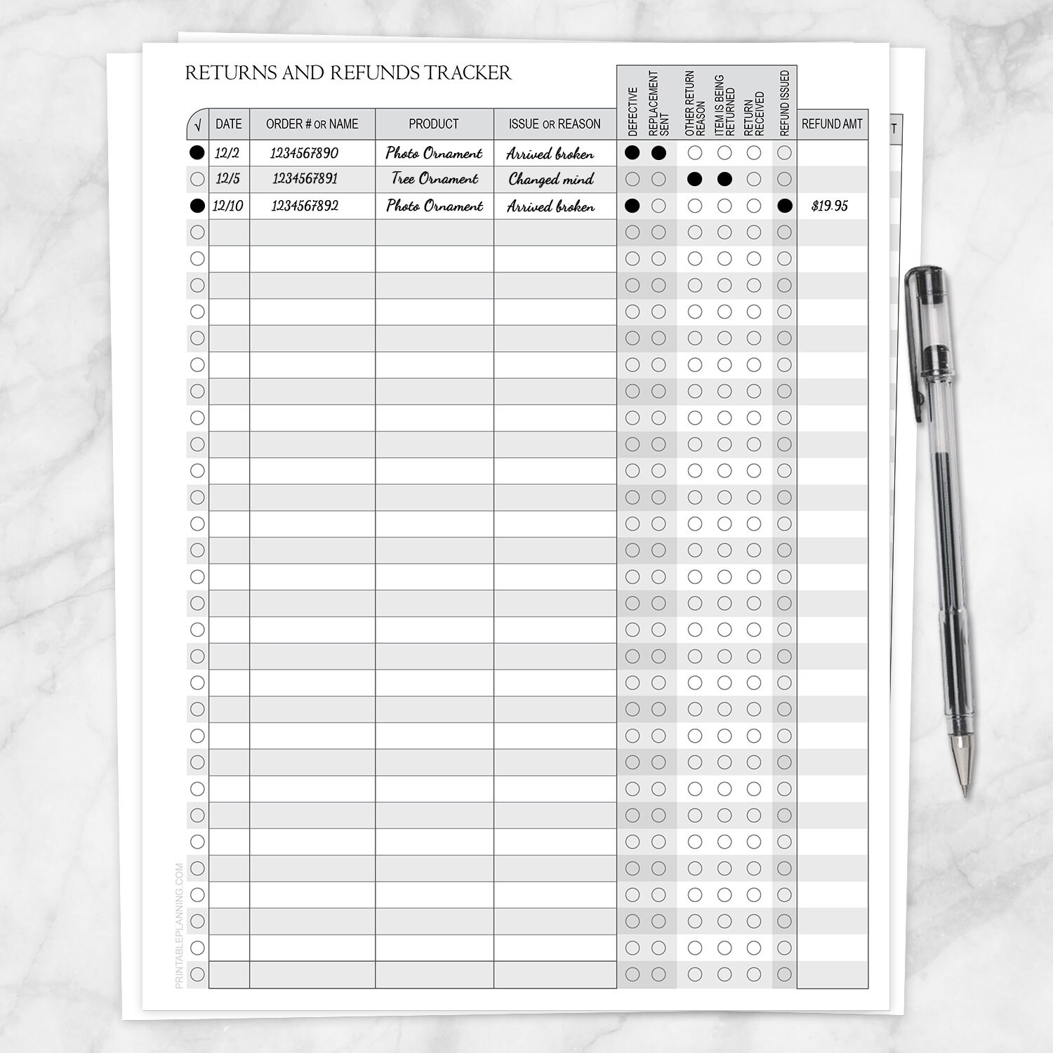 Printable Returns Refunds Tracker Page, Small Business, Status Columns ...