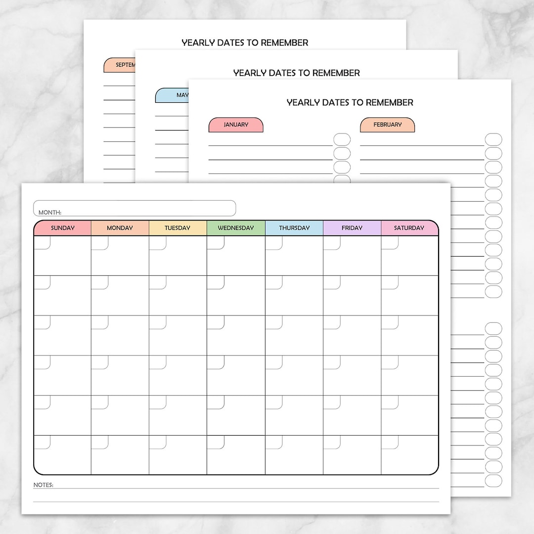 Printable Blank Rainbow Calendar, PDF BUNDLE With Yearly Dates to ...