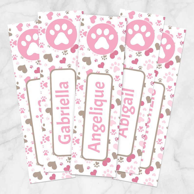 Printable Personalized Paw Print Bookmarks, Pink Brown Hearts, School ...