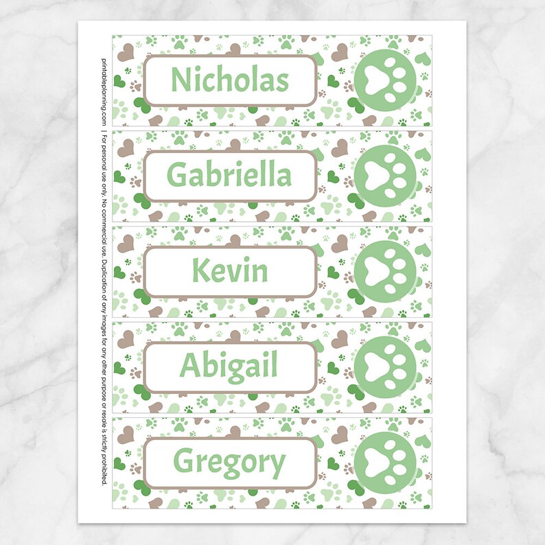 Printable Personalized Paw Print Bookmarks, Green Brown Hearts, School ...