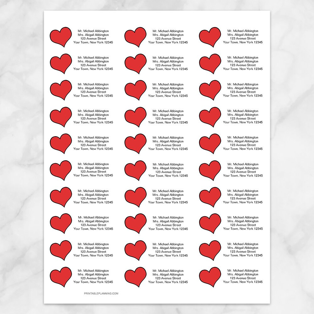 Printable Red Heart Address Labels Black Red Personalized 2 5/8 X 1 ...