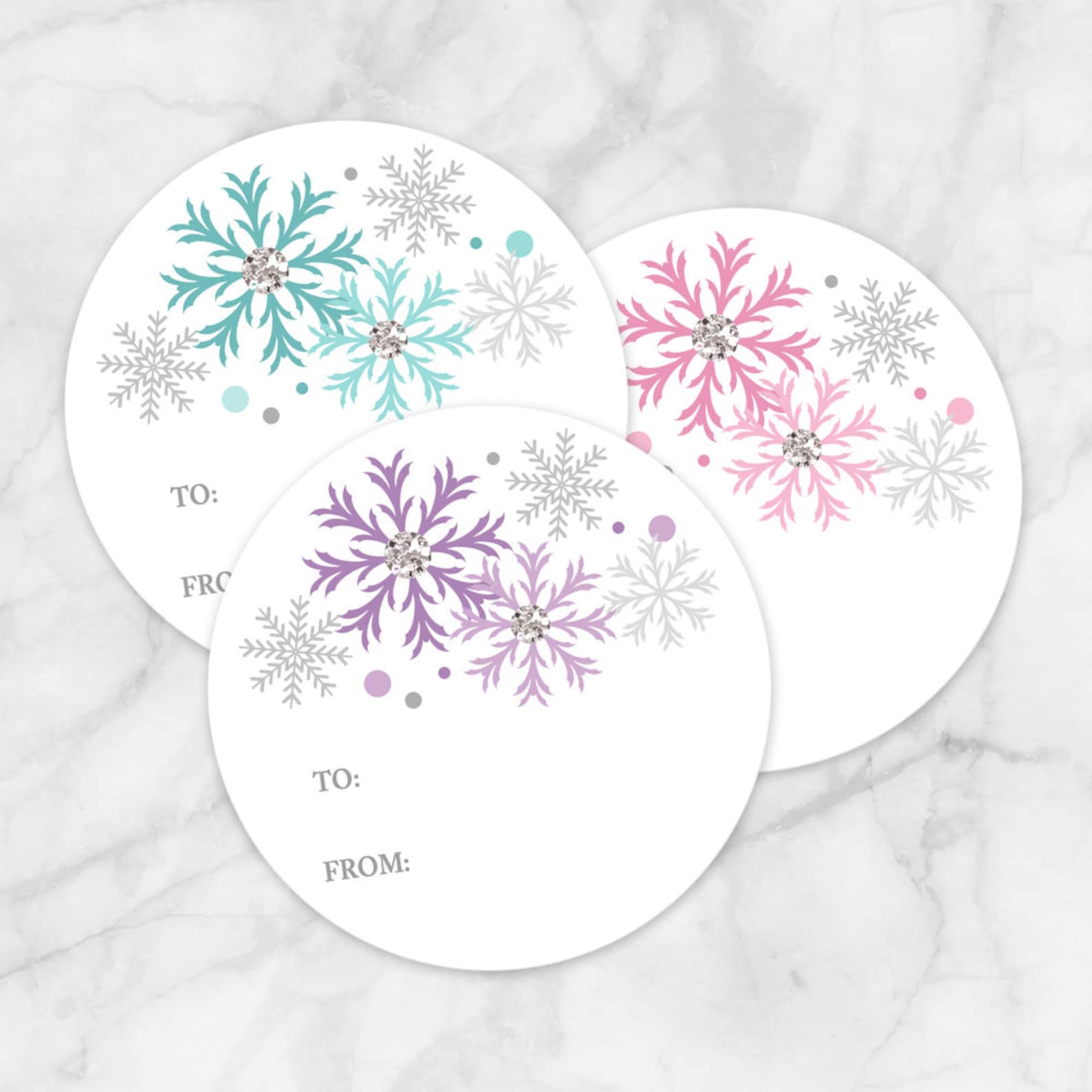 Printable Snowflake Gift Tag Stickers, 3 Colors - Turquoise Purple Pink ...
