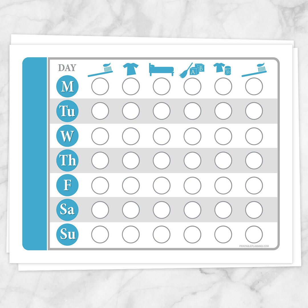Printable Toddler Chore Chart Blue, Young Children's Daily Routine ...