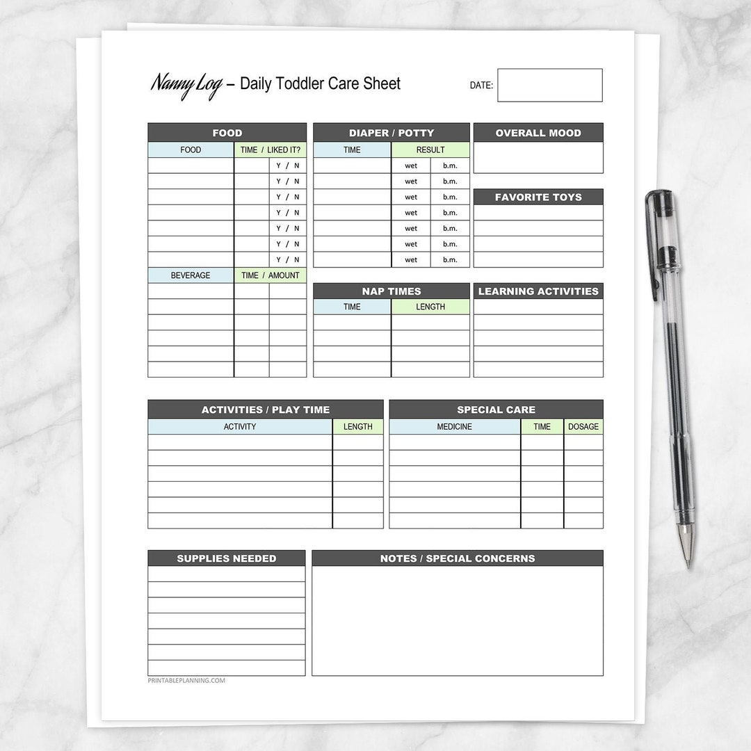 Printable Nanny Log - Daily TODDLER Care Sheet - Babysitter Caregiver ...