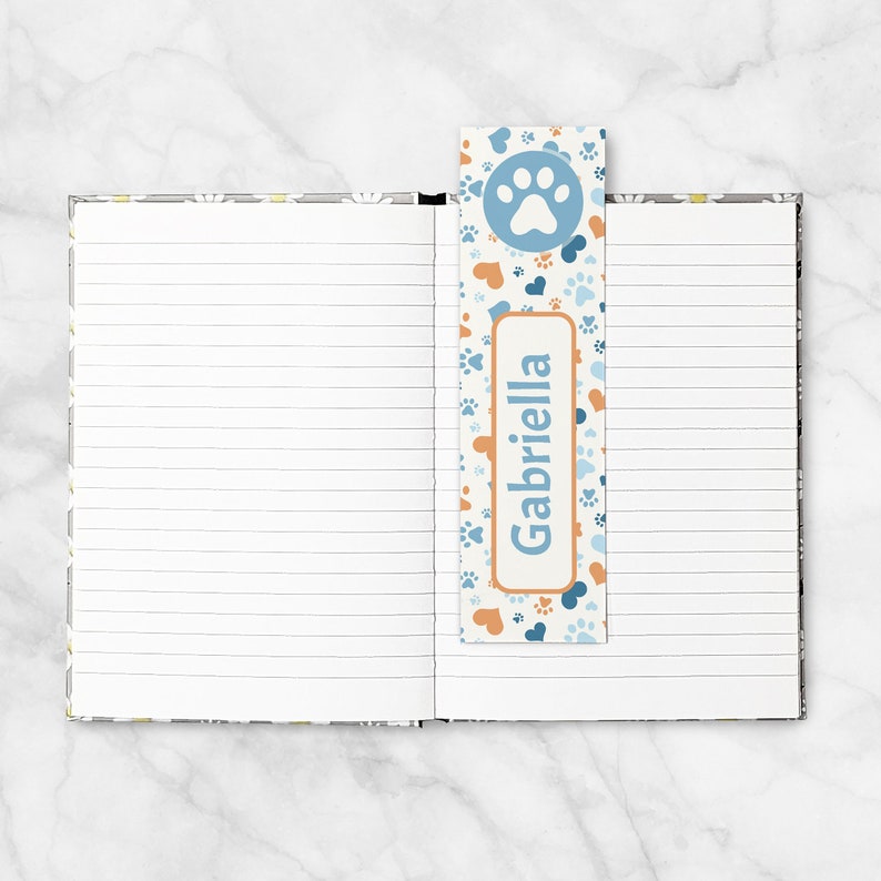 Printable Personalized Paw Print Bookmarks, Blue Orange Hearts, School ...