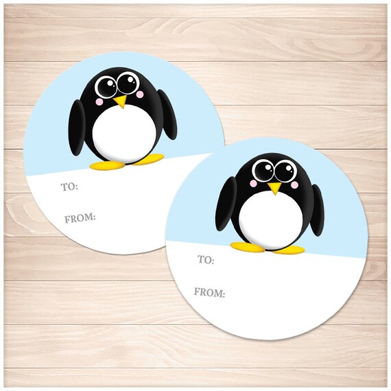 Printable Penguin Gift Tag Stickers cute penguin over blue | Etsy
