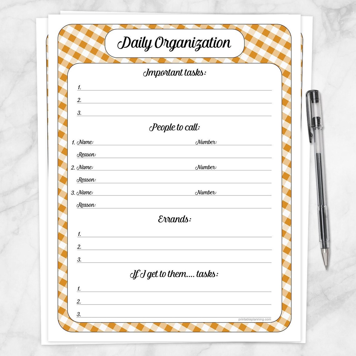 Orange Printable Daily Task Sheet, Gingham Full Page Daily Organization ...