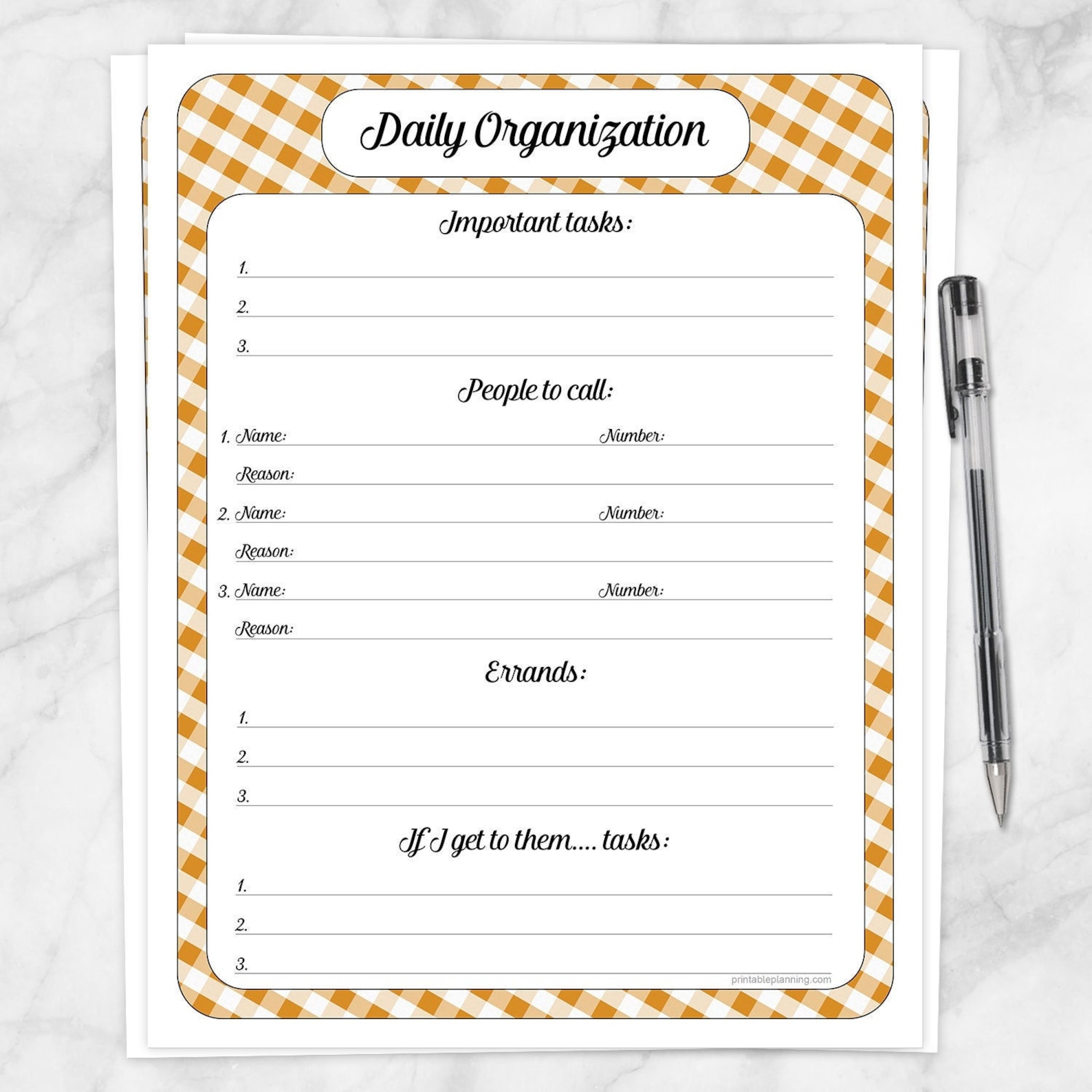 Orange Printable Daily Task Sheet, Gingham Full Page Daily Organization ...