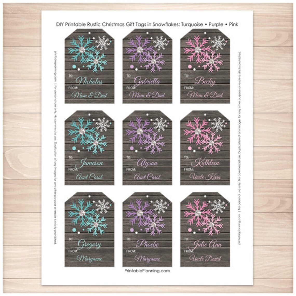 Printable Rustic Snowflake Gift Tags Personalized 3 Colors | Etsy