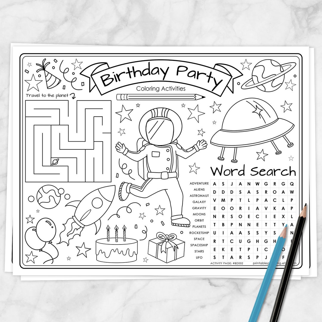 Space Birthday Party Coloring Activity Sheet, Galaxy Planets Spaceship ...