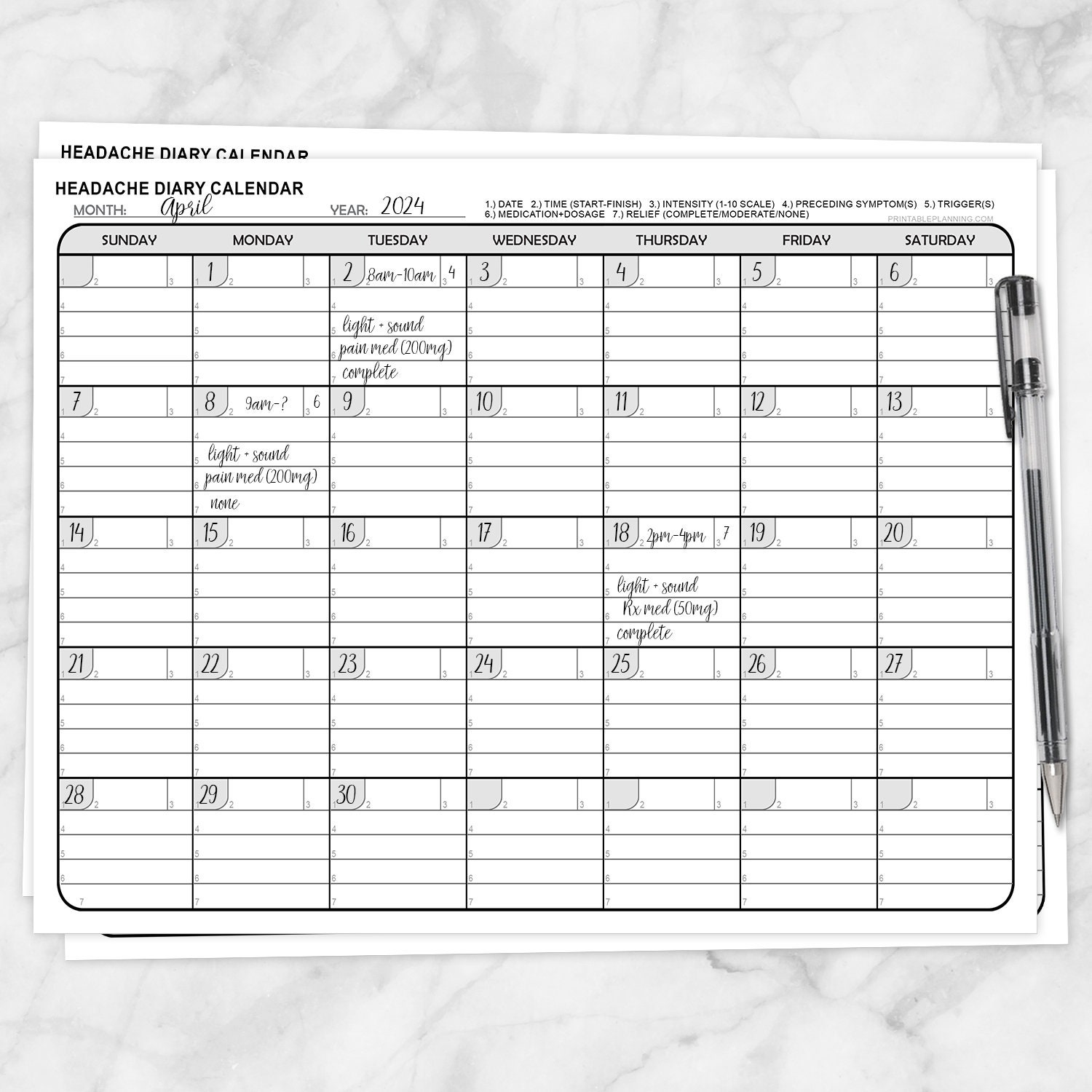 Printable Headache Diary Calendar, Monthly Daily Pain Log Tracking Page ...
