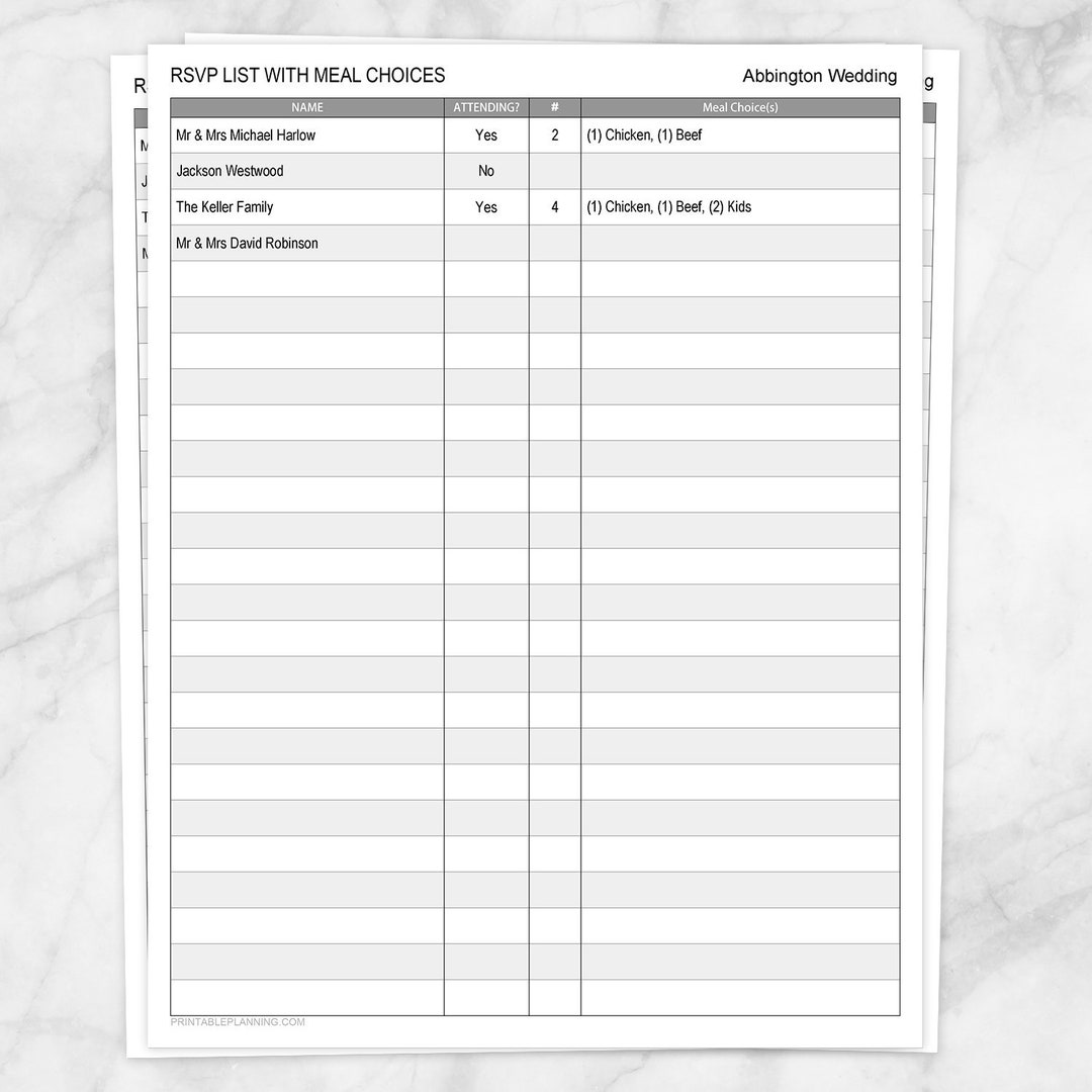 Printable RSVP List With Meal Choices, Editable Guest List With Entrée ...