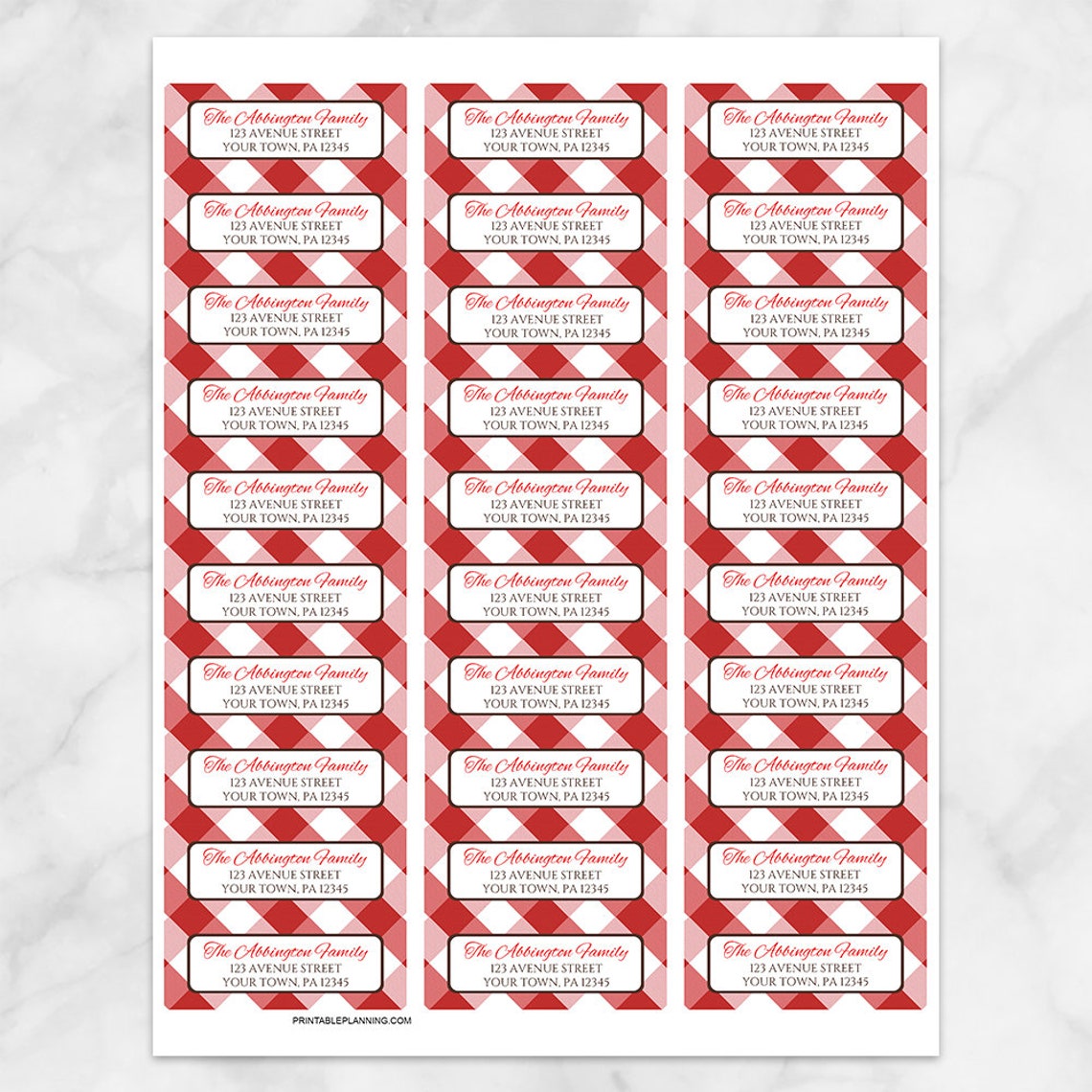 Printable Red Gingham Address Labels, Personalized 2 5/8" X 1" Return ...