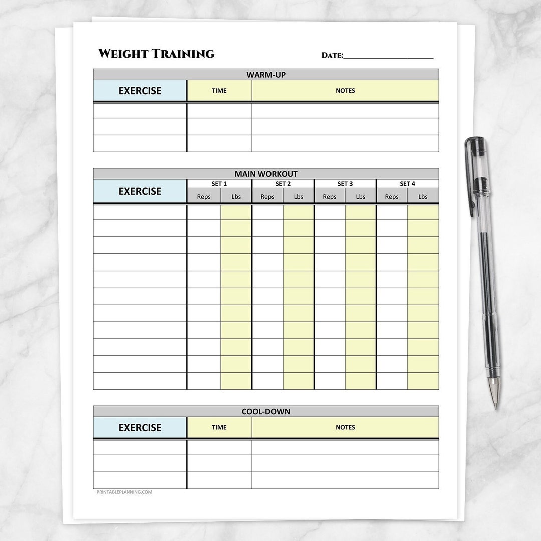 Printable Weight Training Daily Log - Workout Tracking Sheet With Warm ...