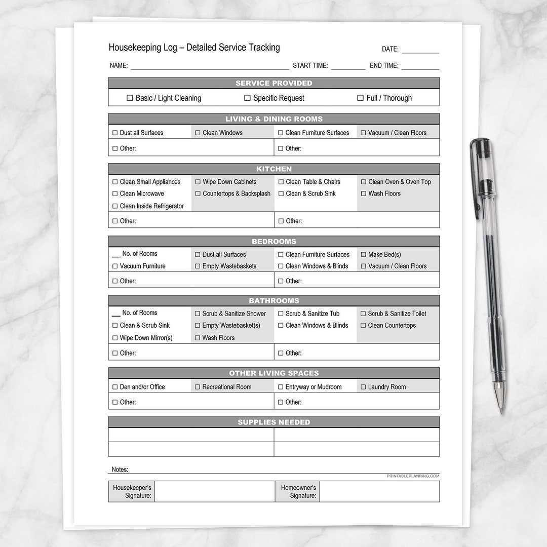 Printable Housekeeping Log, Cleaning Service Detailed Tracking Sheet ...