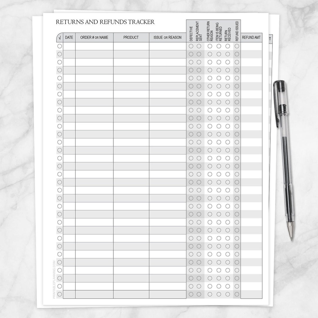 Printable Returns Refunds Tracker Page, Small Business, Status Columns ...