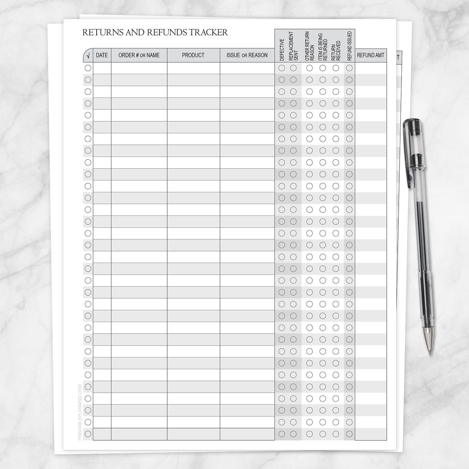 Printable Returns Refunds Tracker Page, Small Business, Status Columns ...