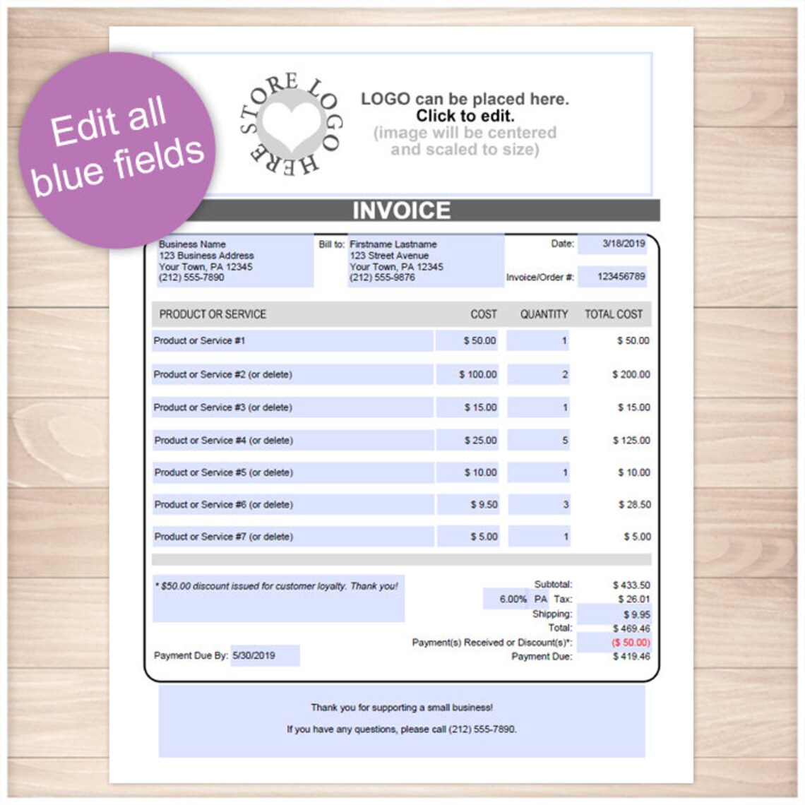 Printable Invoice With LOGO, Auto-calculating Totals, Interactive ...