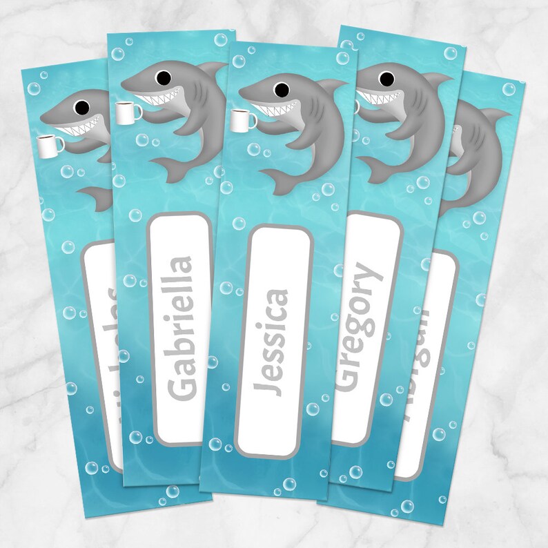 Printable Personalized Shark Bookmarks - Cute Coffee Shark, School ...