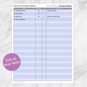 Printable RSVP List With Meal Choices, Editable Guest List With Entrée ...