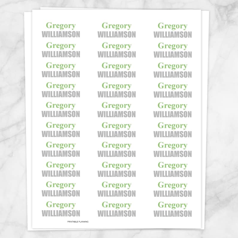 Printable Name Labels GREEN for School Supplies - Personalized 2 5/8" X ...