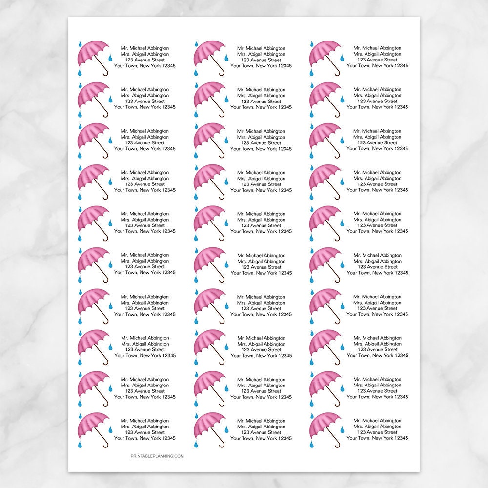 Printable Pink Umbrella Address Labels - White Shower Personalized 2 5/ ...