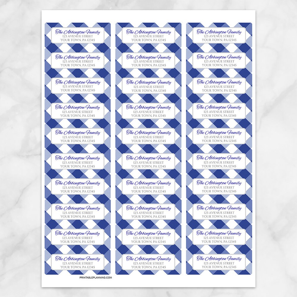 Printable Navy Blue Gingham Address Labels - Personalized 2 5/8" X 1 ...