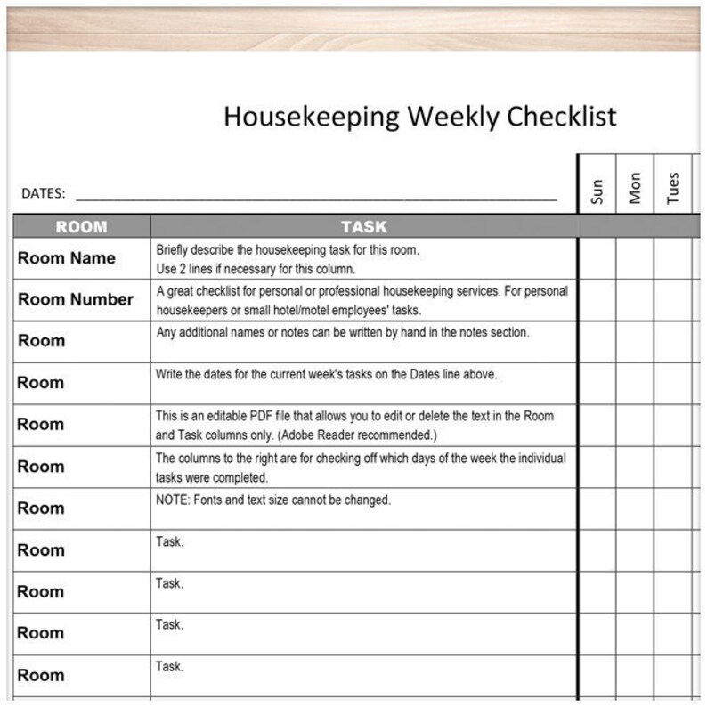 Printable Housekeeping Weekly Checklist Editable PDF Etsy de