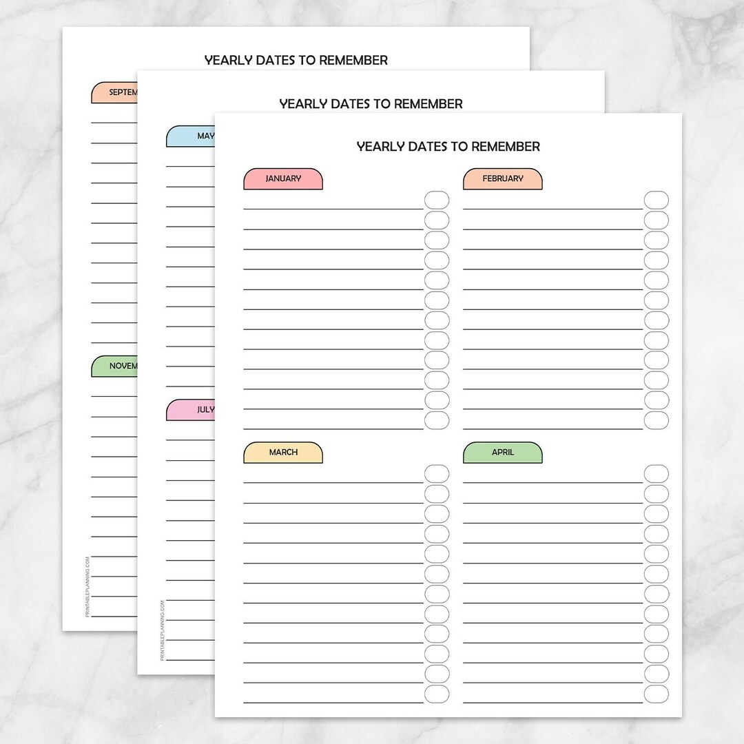 Printable Yearly Dates to Remember Pages Modern Rainbow Color - Etsy
