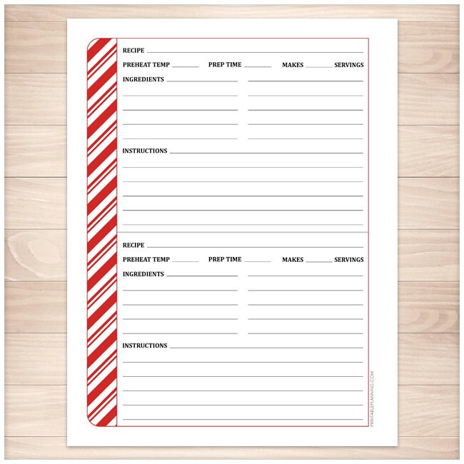 Printable Holiday Recipe Pages Candy Cane Stripe Red White - Etsy