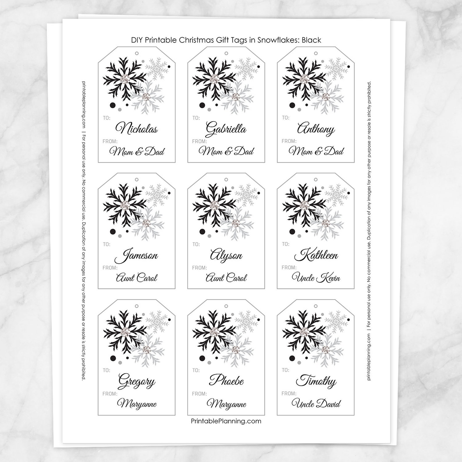 Printable Snowflake Gift Tags in Black, Personalize the Names, Editable ...