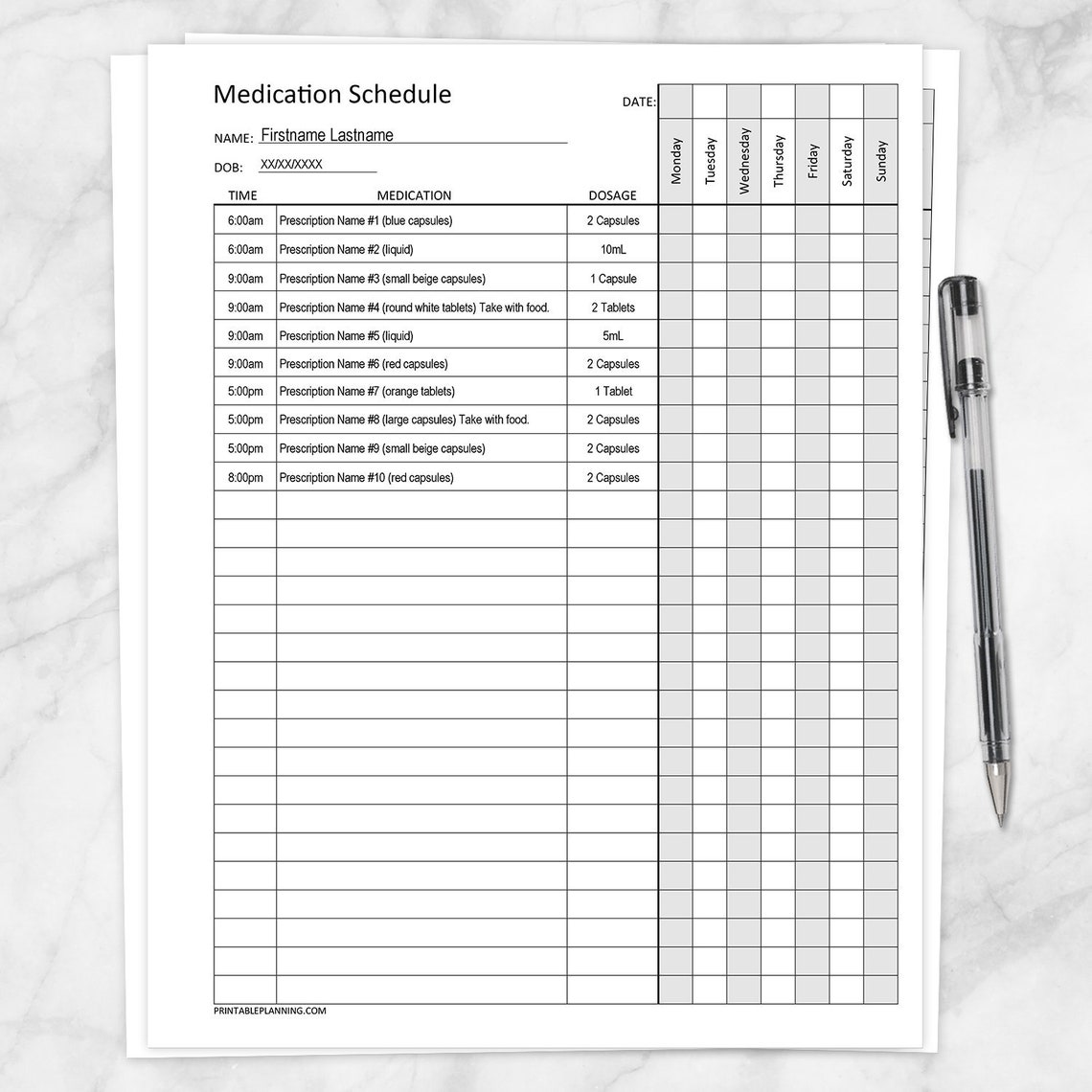 Printable Medication Schedule for Large Prescription Medicine | Etsy