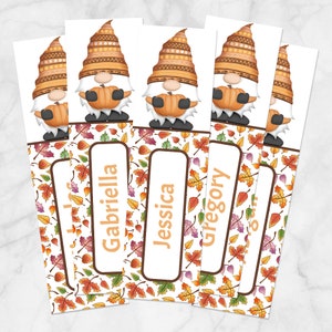 Printable Personalized Fall Gnome Bookmarks, Leaves, School Student ...