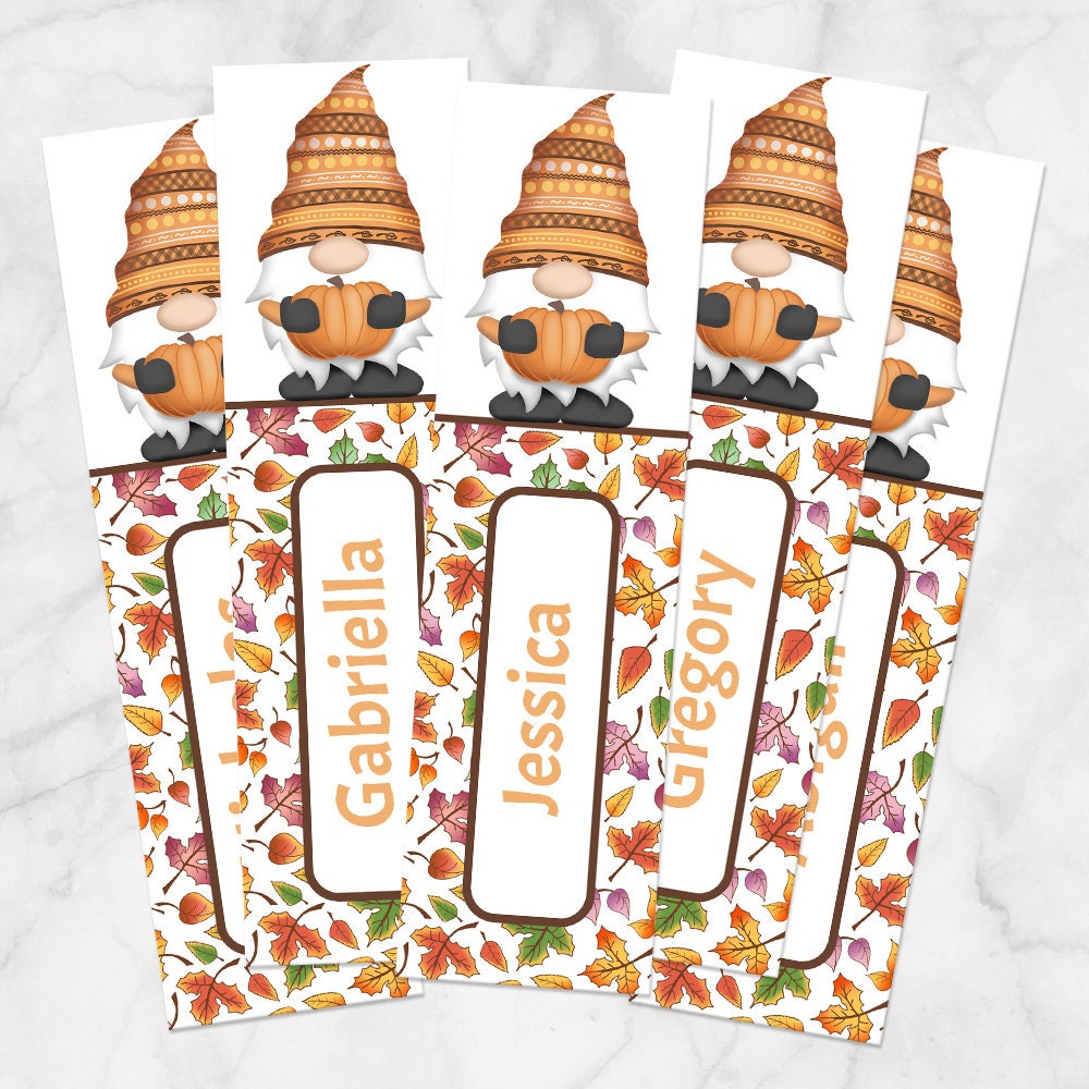 Printable Personalized Fall Gnome Bookmarks, Leaves, School Student ...