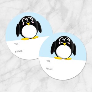 Printable Penguin Gift Tag Stickers, Cute Penguin Over Blue, Round to ...