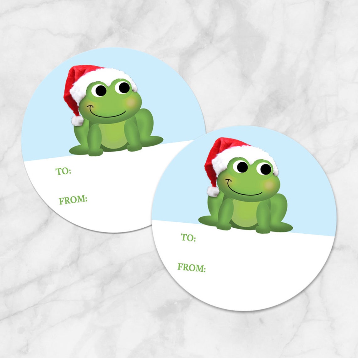 Printable Frog Gift Tag Stickers, Cute Santa Hat Frog Over Blue, Round ...