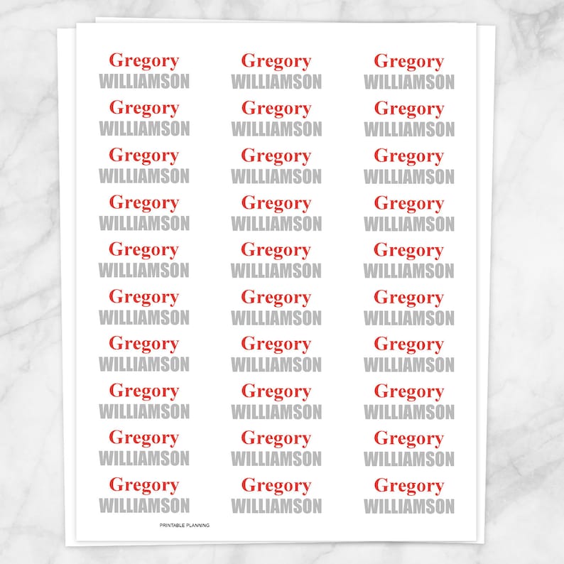 Printable Name Labels RED for School Supplies - Personalized 2 5/8" X 1 ...