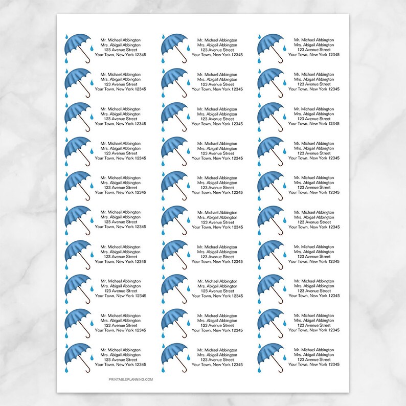 Printable Blue Umbrella Address Labels - White Shower Personalized 2 5/ ...