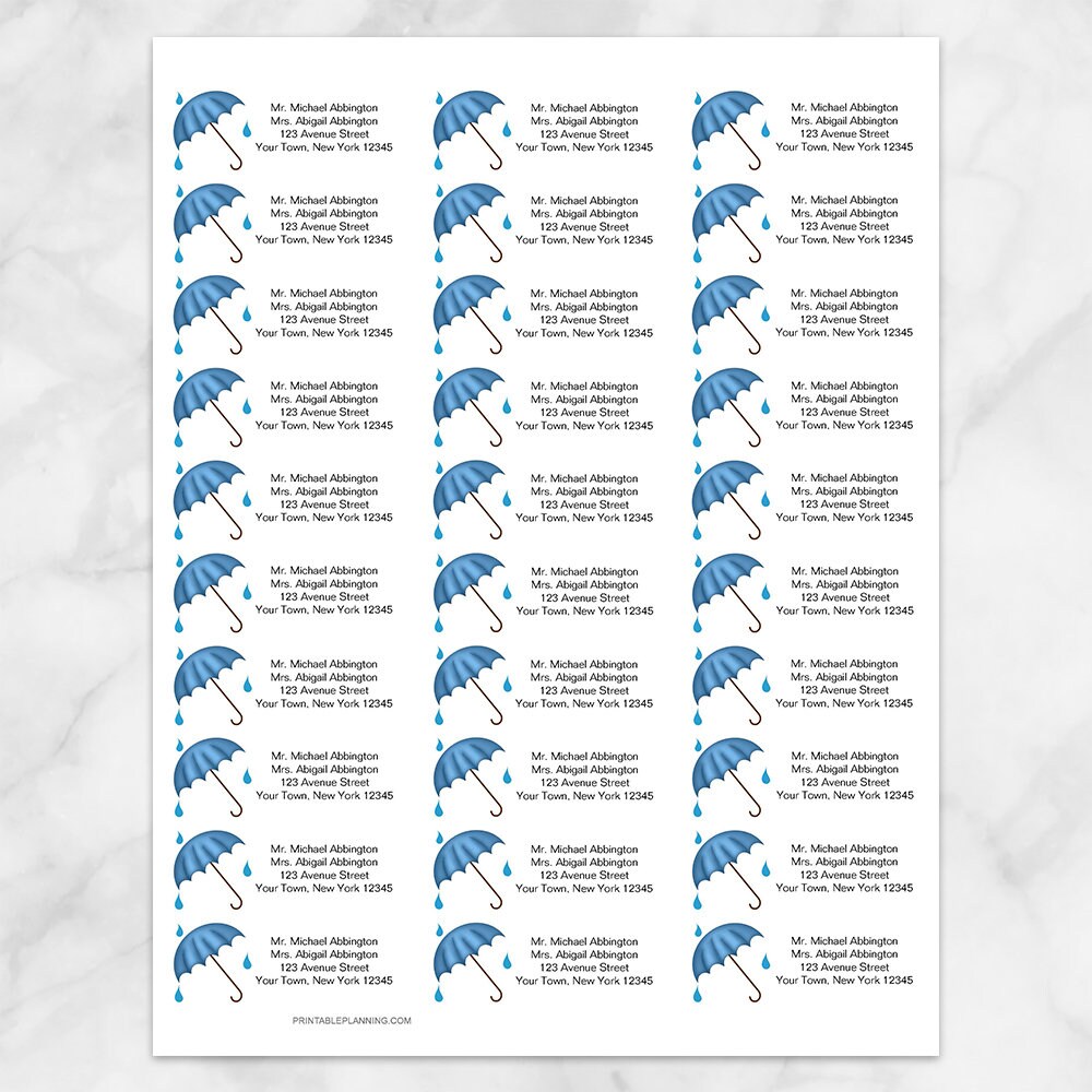Printable Blue Umbrella Address Labels - White Shower Personalized 2 5/ ...