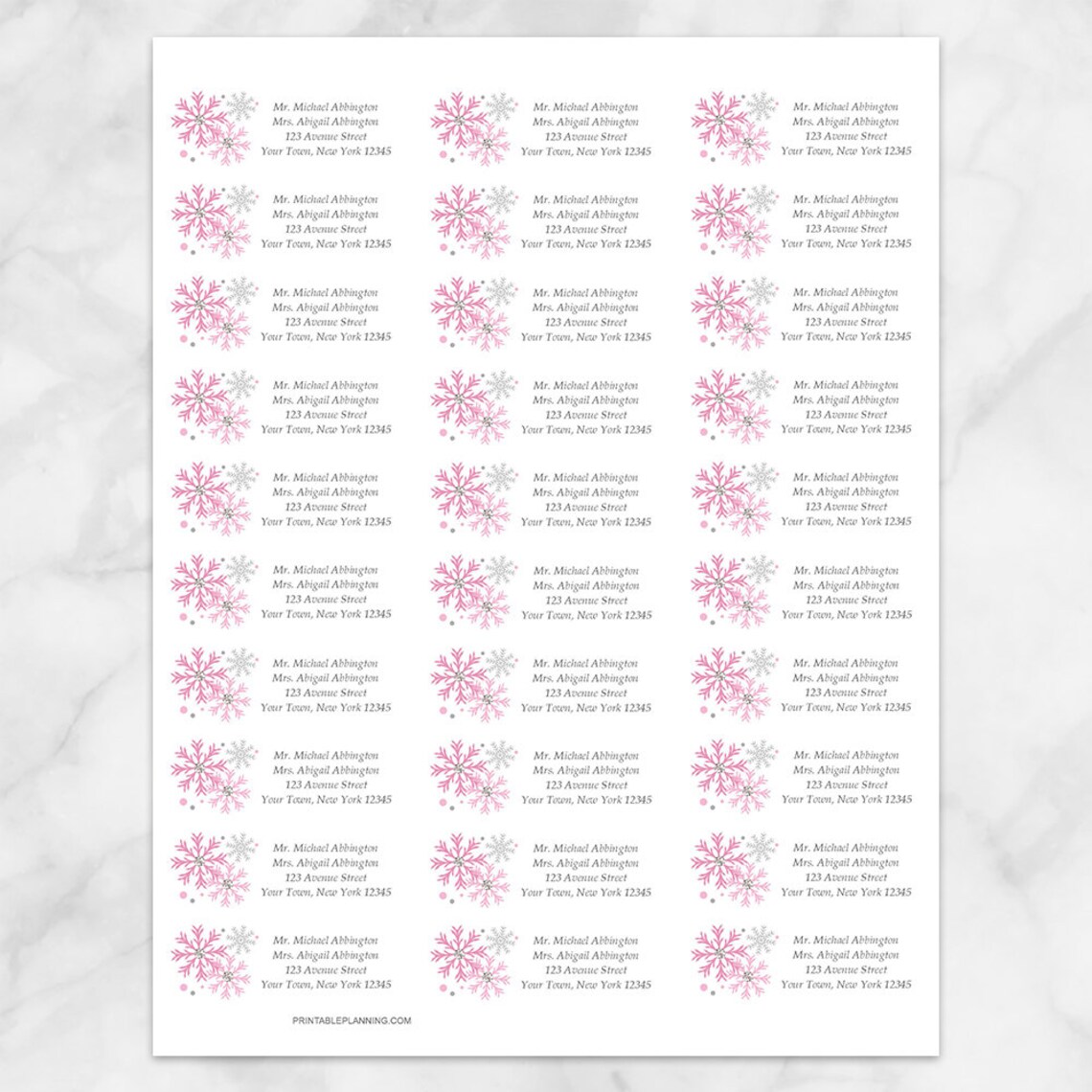 Printable Pink Snowflake Address Labels Winter, Pink Gray ...
