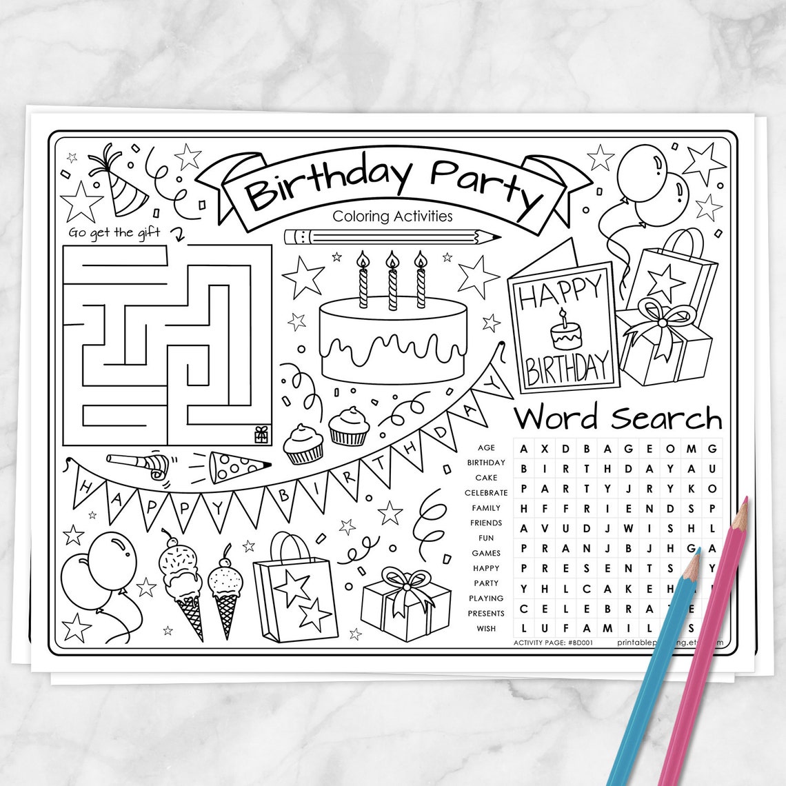 Birthday Party Coloring Activity Sheet, Stars Cake Ice Cream Cupcakes ...