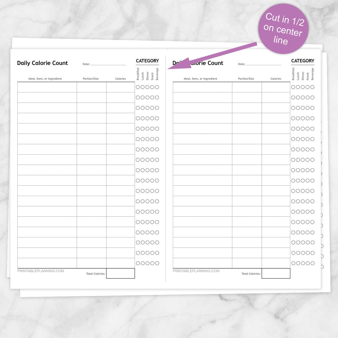 Printable Daily Calories Tracking Sheet, Calorie Counting, Simple Half ...