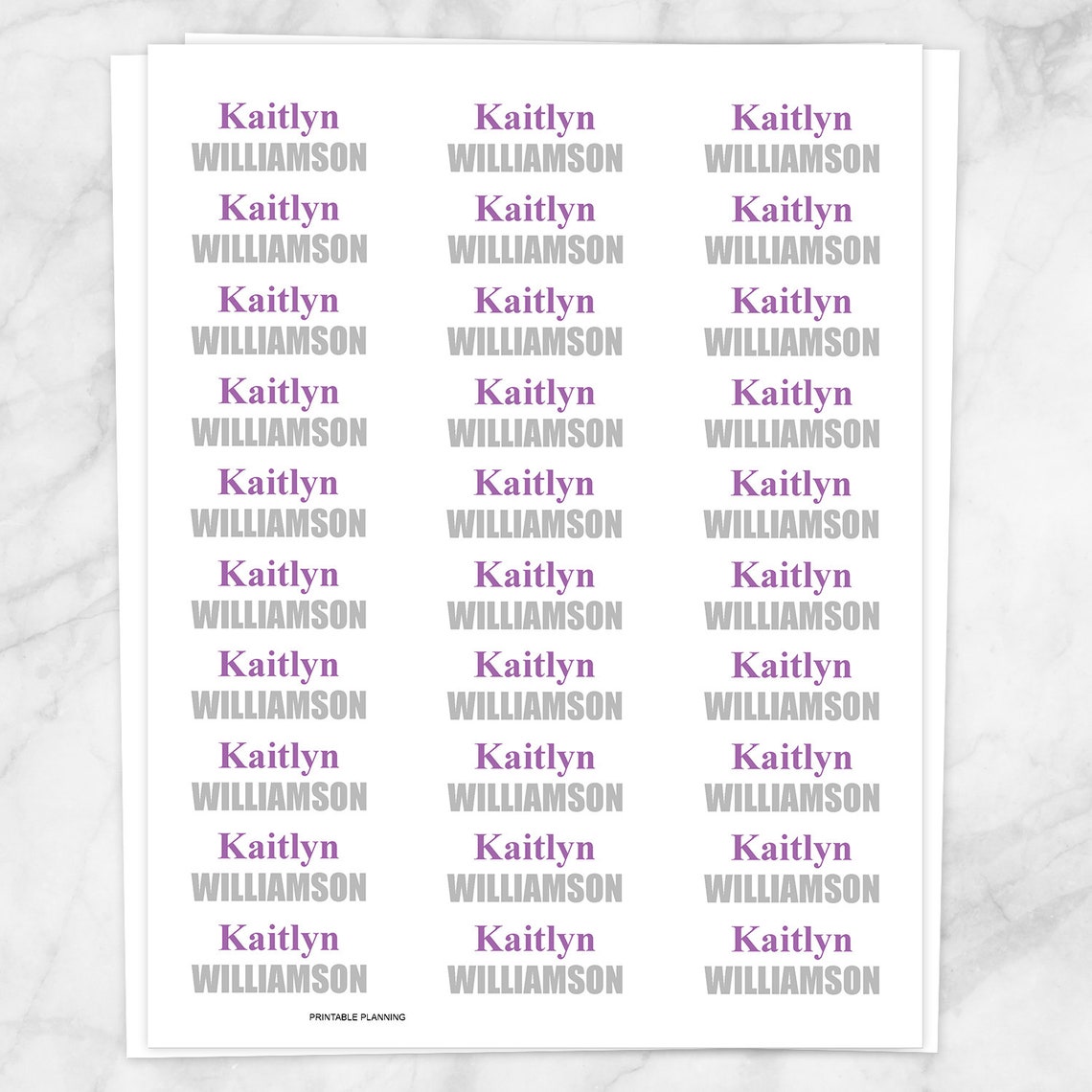 Printable Name Labels PURPLE for School Supplies Personalized 2 5/8 X 1 ...
