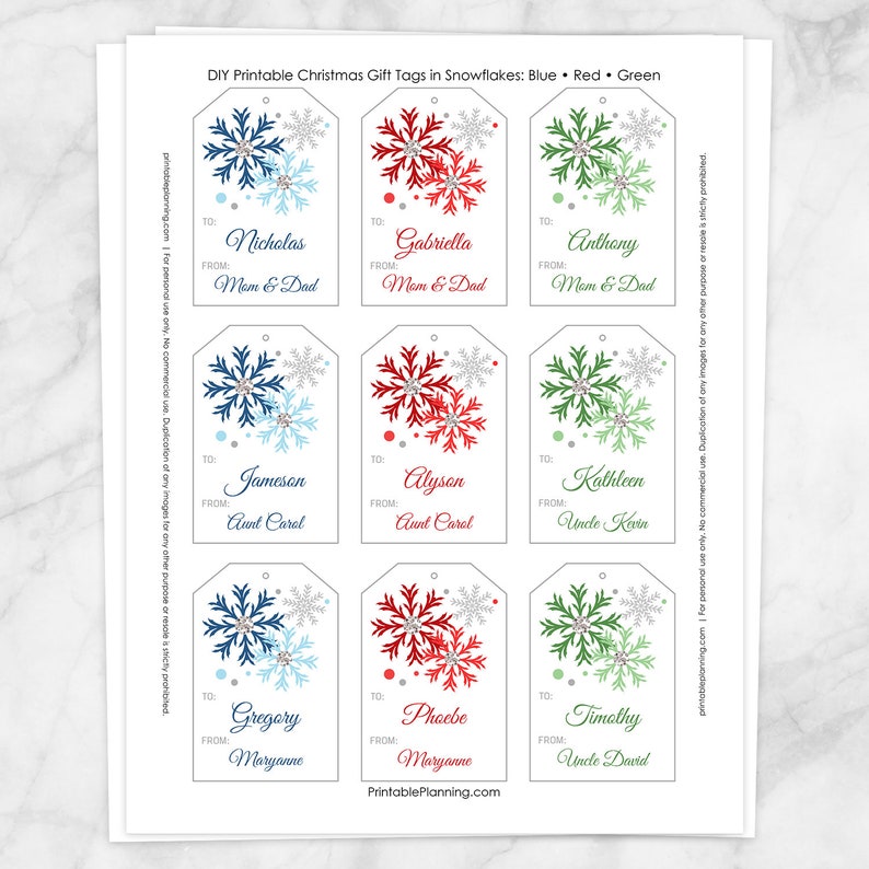 Printable Snowflake Gift Tags in Blue Red Green - Personalize the Names ...