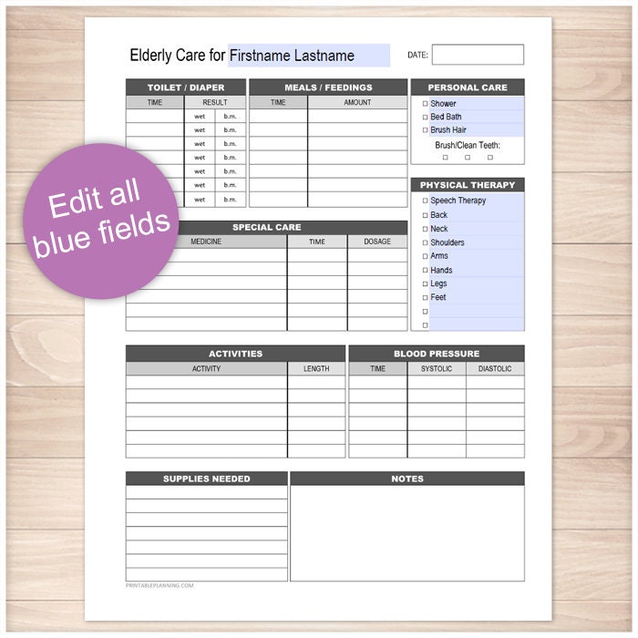 Printable Elderly Care Daily Care Sheet Caregiver Sheet - Etsy