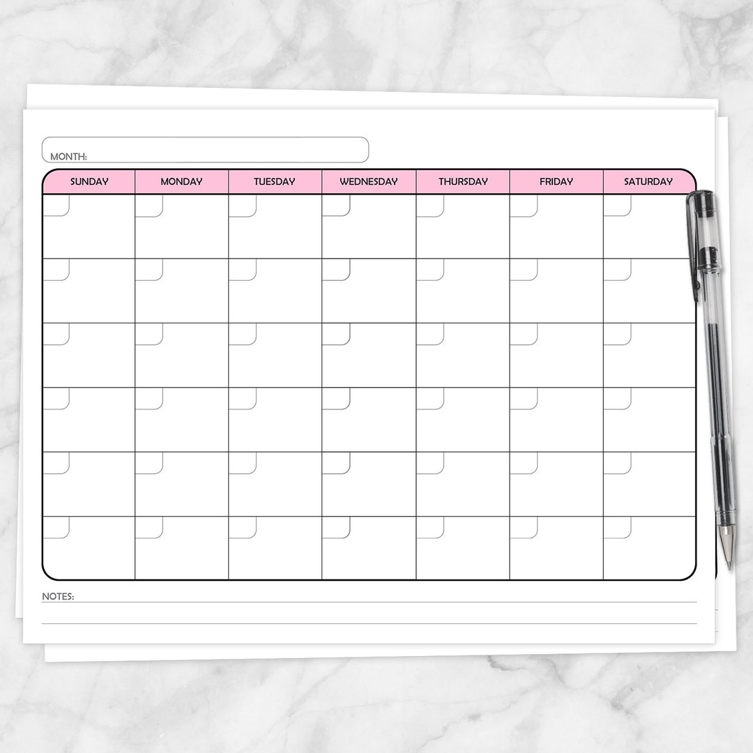 Printable Pink Blank Calendar, Monthly Full Pages PDF - Pink Colored ...