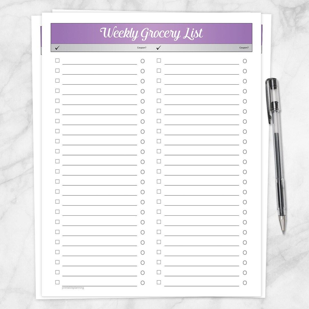 Purple Printable Weekly Grocery List, Full Page Clean and Simple ...