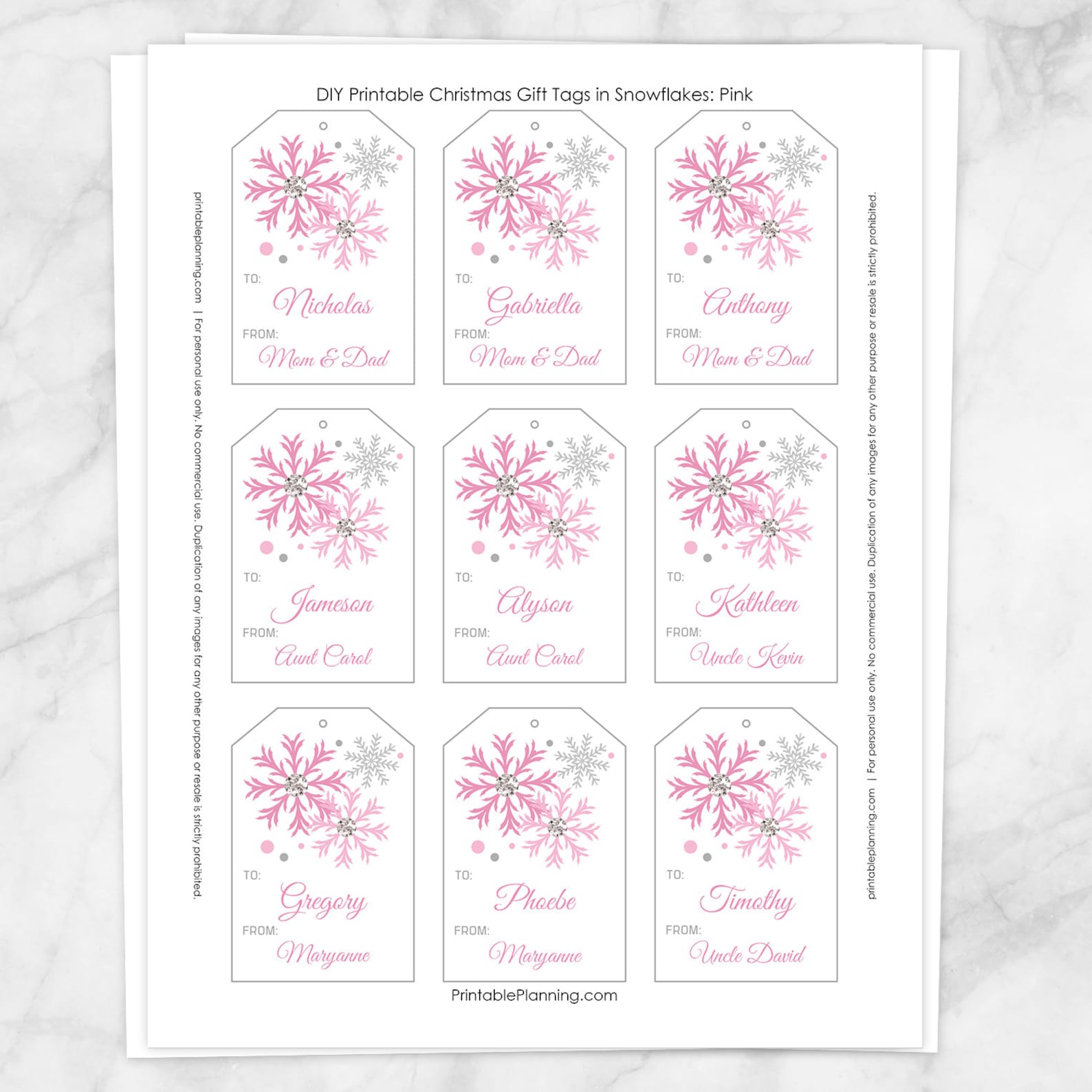 Printable Snowflake Gift Tags in Pink, Personalize the Names, Editable ...